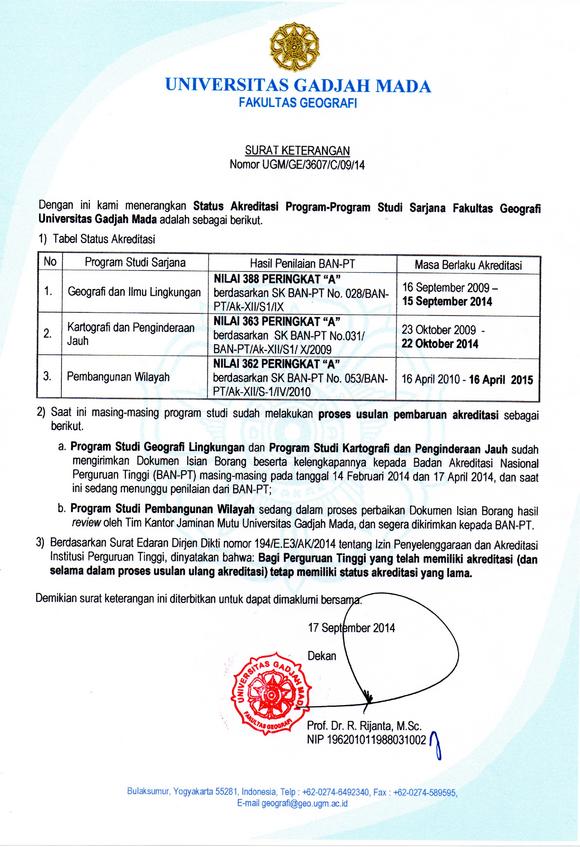 Status Akreditasi Program Studi Sarjana (S1) Fakultas Geografi UGM – Fakultas Geografi
