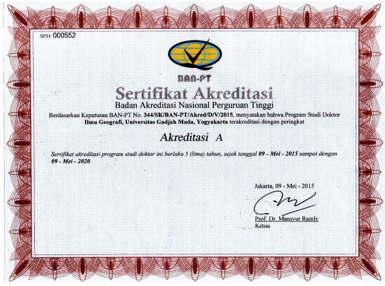 Sertifikat BAN-PT Akreditasi Program Studi dan Kompetensi – Fakultas Geografi